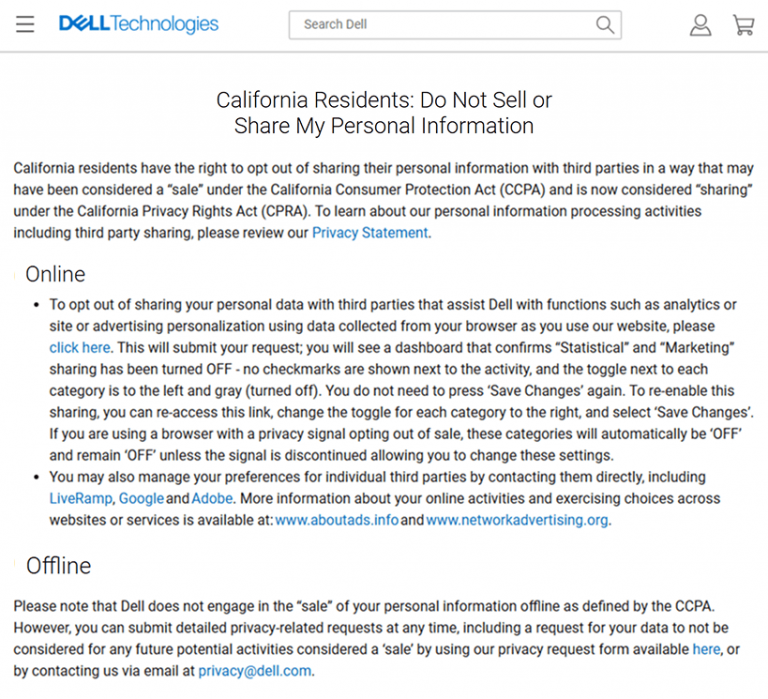 20 Examples of “Do Not Sell or Share My Personal Information” Page